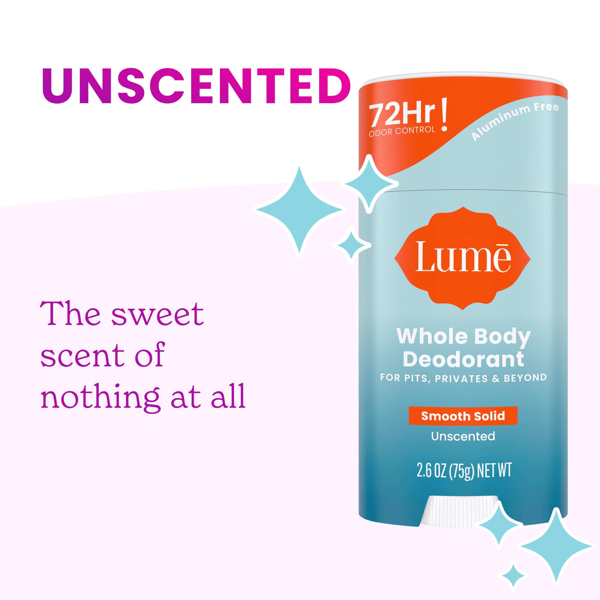 Lume Whole Body Deodorant - Smooth Solid Stick - 72 Hour Odor Control - Aluminum Free, Baking Soda Free and Skin Safe - 2.6 Ounce (Pack of 2) (Unscented)