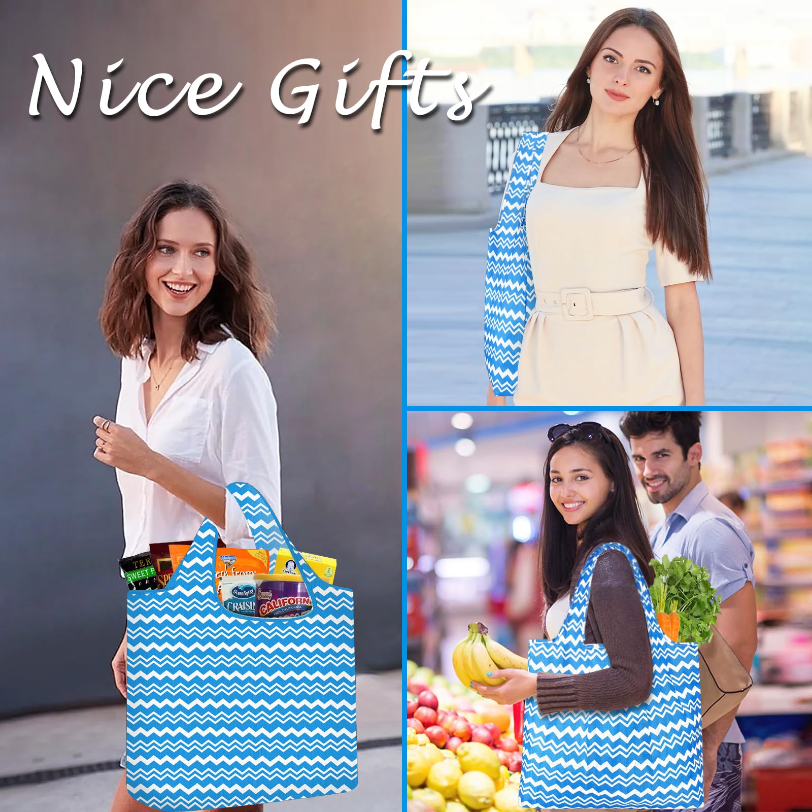 Vuudh 6 Packs Reusable Grocery Bags - Machine Washable Grocery Tote with Pouch, Foldable Shopping Tote Bag Nylon (Blue Waves)