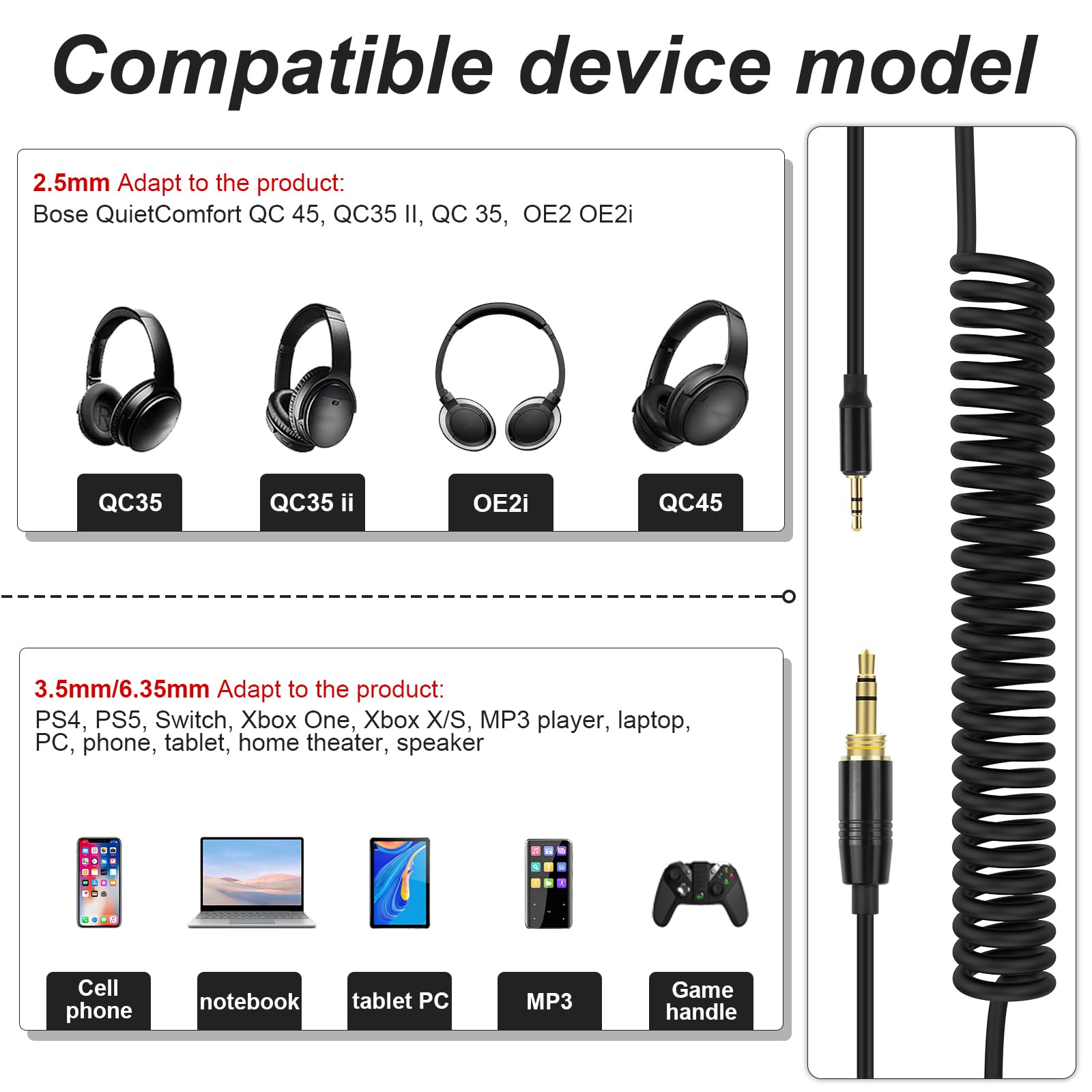 Toxaoii QC45 Coiled Audio Cable Cord Compatible with Bose QuietComfort QC 45, QC35 II, QC 35, OE2 OE2i Soundlink SoundTrue Headphone with 6.35mm Adapter for Guitar/Xbox One/ PS4 (4 to 16FT)