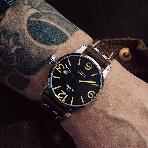 TW Steel Men's Maverick Stainless Steel Quartz Watch with Leather Calfskin Strap, Brown, 22 (Model: MS2)