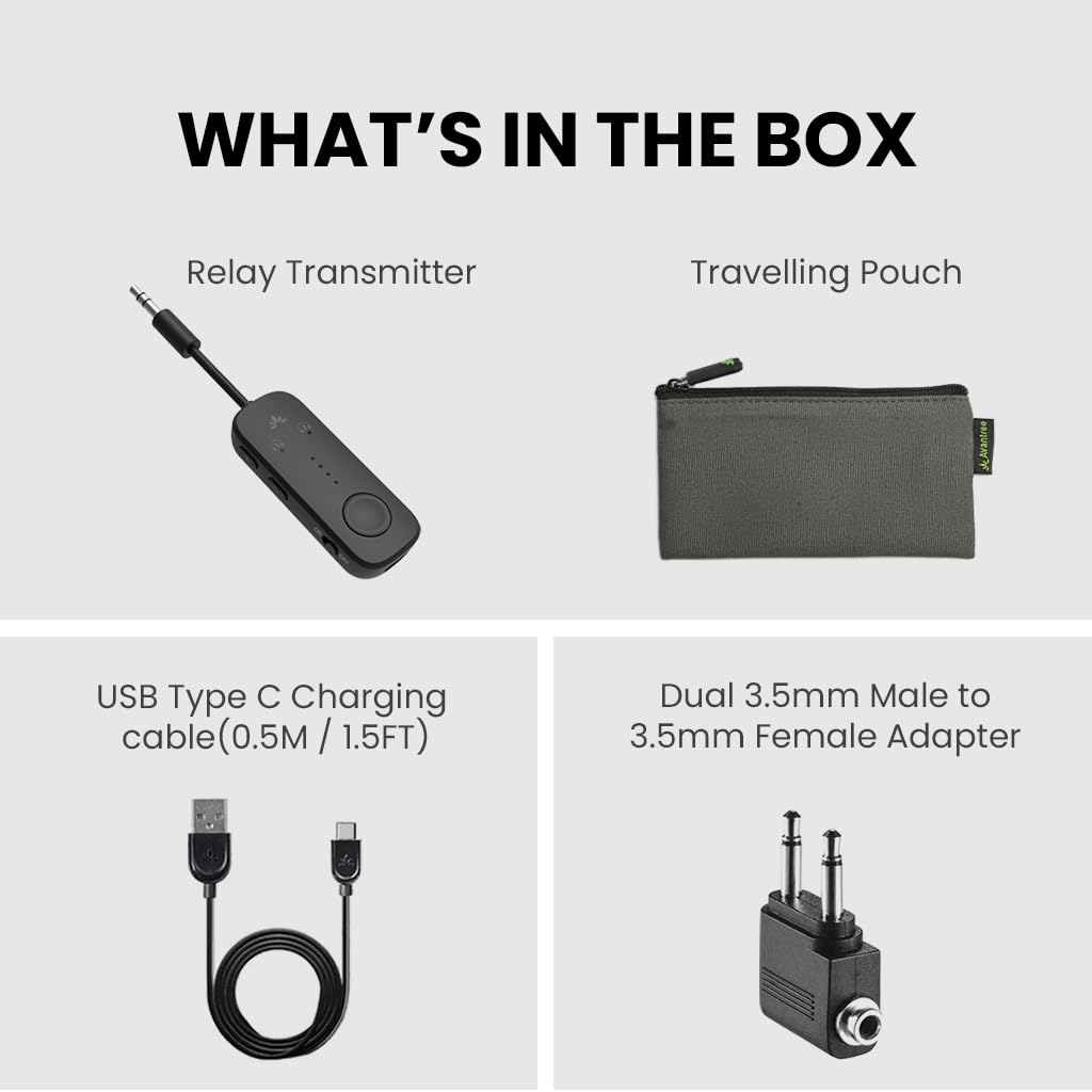 Avantree Relay - Premium Airplane Bluetooth 5.3 Adapter, Supports 2 AirPods or Headphones with aptX Adaptive, 3.5mm AUX Jack Wireless Audio Transmitter for Planes, Airline, Travel, TV