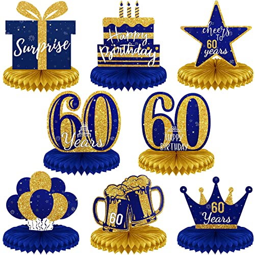 8 Pieces Gold and Blue 60th Birthday Table Centerpieces, 60th Birthday Honeycomb Table Centerpieces, 60th Birthday Table Decorations Birthday Party Supplies for 60th Table Birthday Decorations