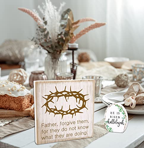 5 Pcs Easter Resurrection Scene Set He is Risen Wooden Tabletop Centerpieces The Tomb Was Empty Scene Decorations Crosses on Top of Rock Signs Christian Easter Decor for Jesus Easter Home Table Décor
