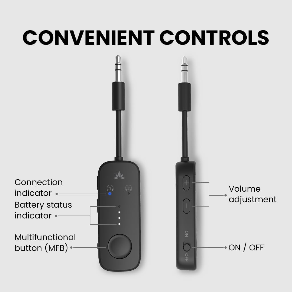 Avantree Relay - Premium Airplane Bluetooth 5.3 Adapter, Supports 2 AirPods or Headphones with aptX Adaptive, 3.5mm AUX Jack Wireless Audio Transmitter for Planes, Airline, Travel, TV