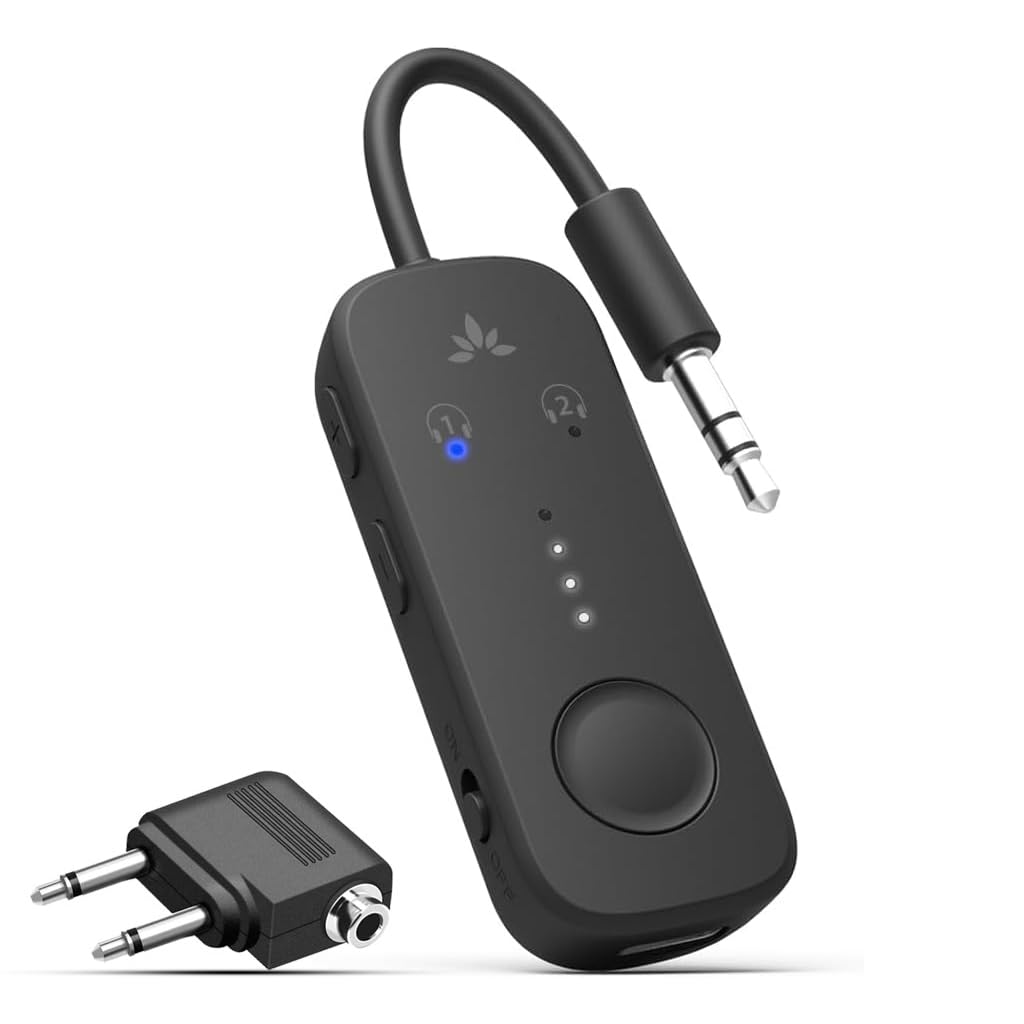 Avantree Relay - Premium Airplane Bluetooth 5.3 Adapter, Supports 2 AirPods or Headphones with aptX Adaptive, 3.5mm AUX Jack Wireless Audio Transmitter for Planes, Airline, Travel, TV