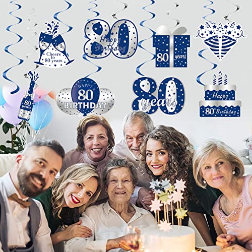 Blue Silver 80th Birthday Hanging Swirls Decorations for Men, 16Pcs Happy 80 Year Old Birthday Foil Swirl Party Supplies, Eighty Birthday Ceiling Hanging Sign Decor