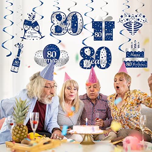 Blue Silver 80th Birthday Hanging Swirls Decorations for Men, 16Pcs Happy 80 Year Old Birthday Foil Swirl Party Supplies, Eighty Birthday Ceiling Hanging Sign Decor