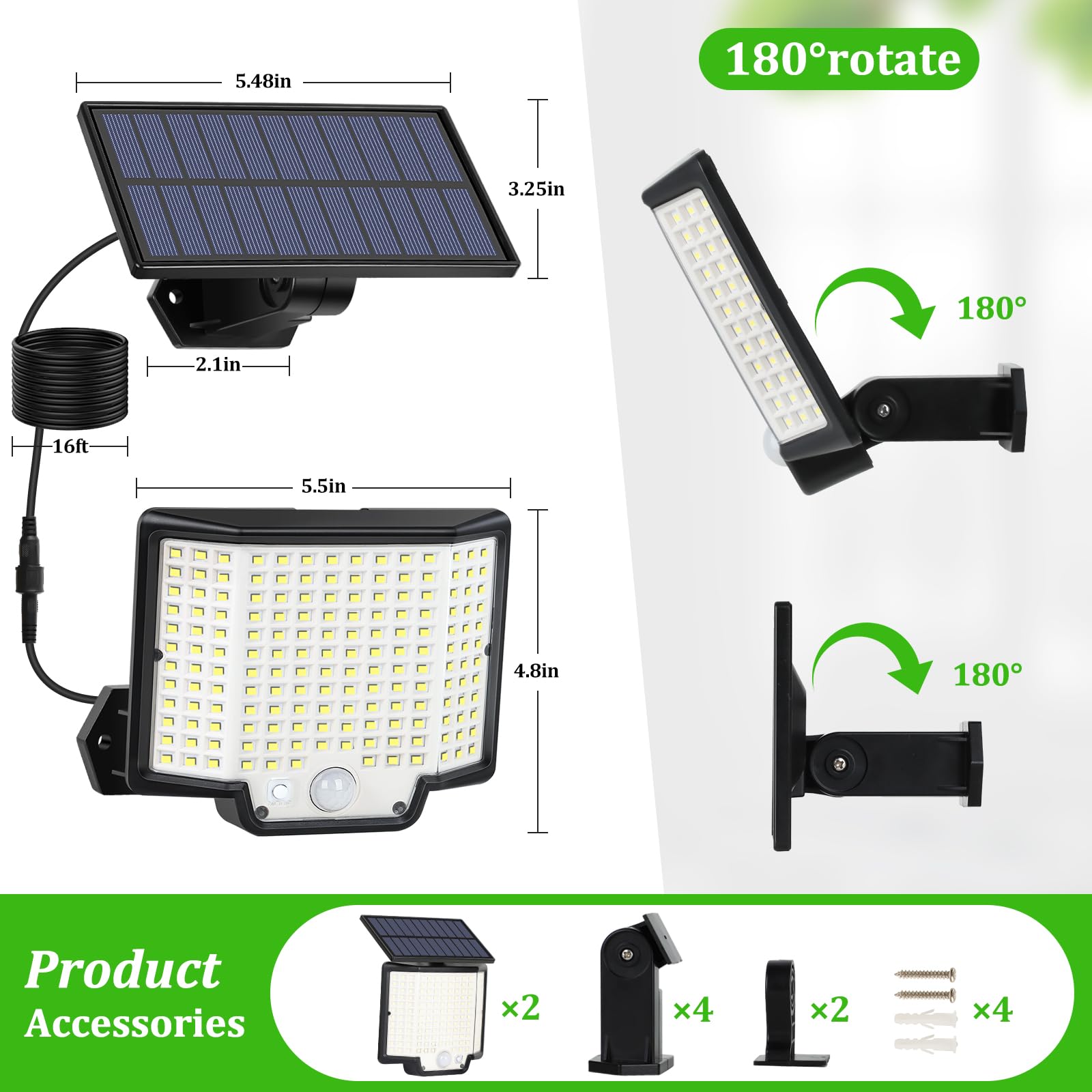 Solar Lights for Outside, 166 LED Solar Lights Outdoor Waterproof, Motion Sensor Outdoor Lights 3 Modes, Split Solar Powered Light with Extension Wires, Security Lights for Yard Garden Garage, 2-Pack