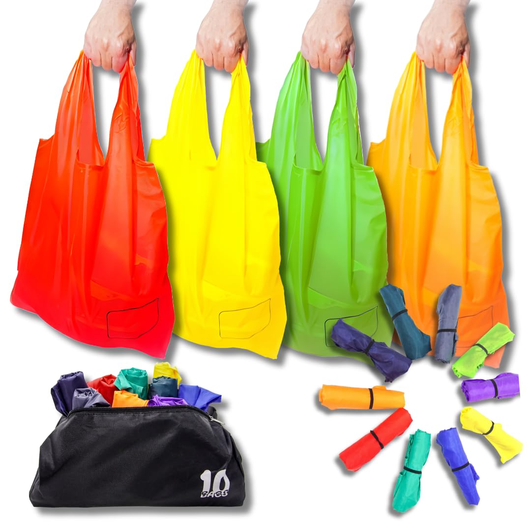 10 Reusable-Tote Grocery Bags-with handles-Foldable-Machine Washable-Comes in 10 brilliant assorted colors-Complementary carry bag-for carry 10 Reusable Bags-50lbs capacity