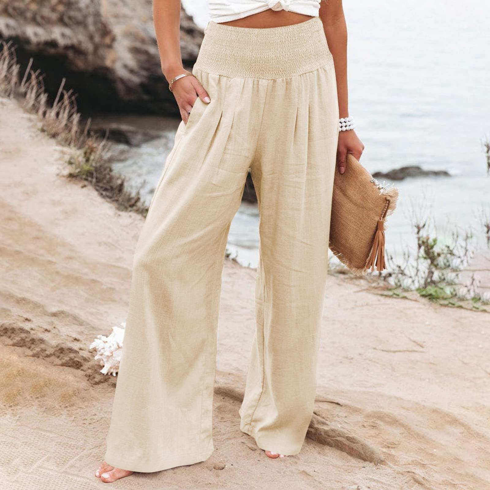 Women's Wide Leg Long Lounge Pants High Waist Drawstring Loose Light Weight Fit Casual Trousers Comfy Pants 01 Khaki