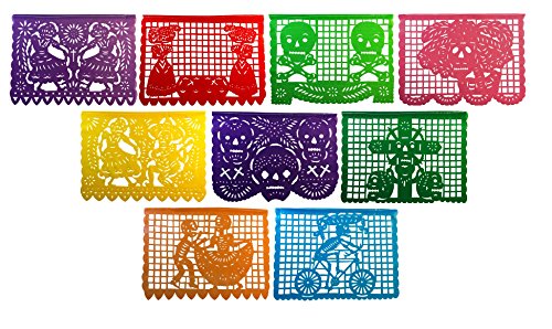 Paper Full of Wishes Regular Size Plastic Day of The Dead Papel Picado Banner I Un Dia de Memoria I Decorations for Dia De Los Muertos I Banner has 9 Regular Panels and is Over 14ft Hanging