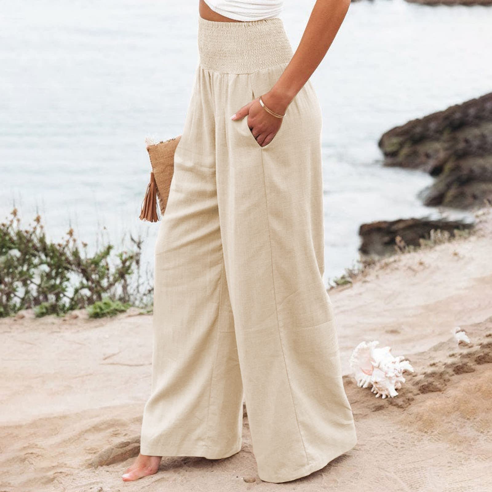 Women's Wide Leg Long Lounge Pants High Waist Drawstring Loose Light Weight Fit Casual Trousers Comfy Pants 01 Khaki