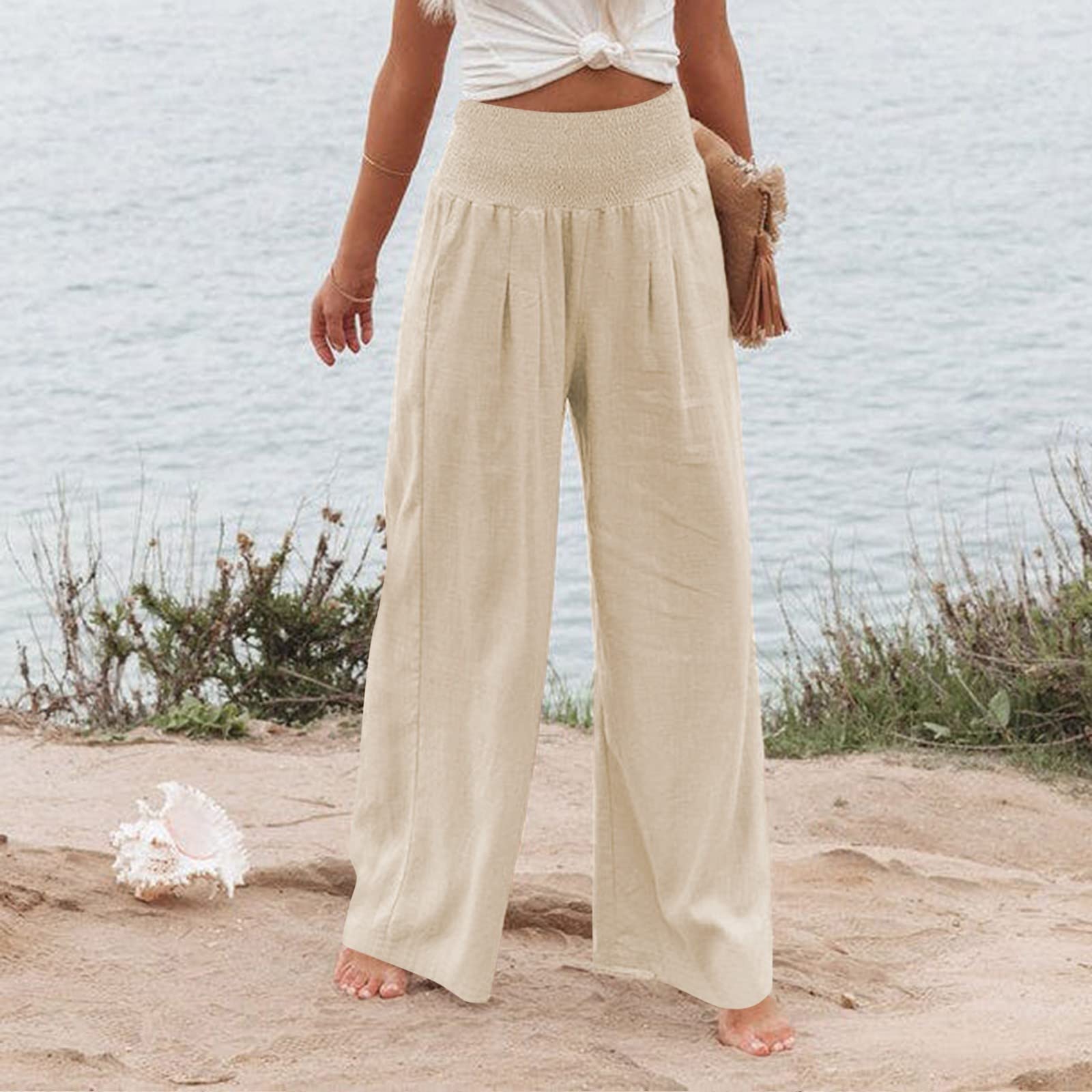 Women's Wide Leg Long Lounge Pants High Waist Drawstring Loose Light Weight Fit Casual Trousers Comfy Pants 01 Khaki