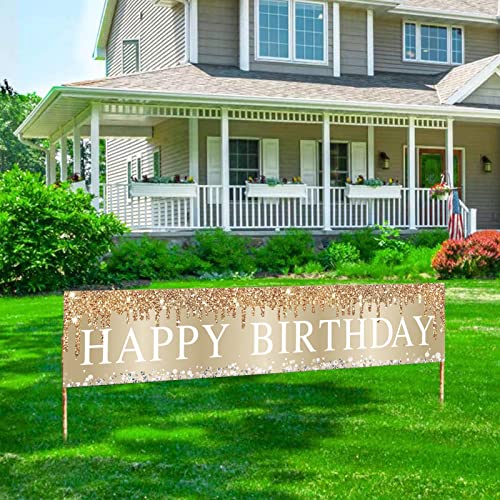 Gold White Happy Birthday Banner Decorations for Women Girls, Gold Glitter Birthday Yard Banner Sign Party Supplies, 16th 18th 21st 30th 40th 50th 60th Birthday Theme Decor for Outdoor Indoor