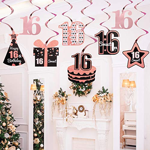 Excelloon 16th Birthday Decorations, 8Pcs 16 Foil Hanging Swirls, Sweet 16 Birthday Hat Cake Present Star Decorations, Happy 16th Birthday Party Supplies (Rose Gold)