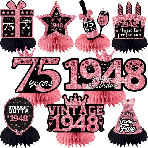 9pcs 75th Birthday Centerpieces for Tables, Rose Gold 75th Birthday Decorations Women Cheers to 75th Honeycomb Decorations Toppers Vintage 1948 Aged to Perfection Seventy-five Old Supplies cocomigo