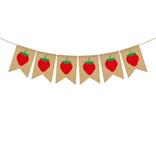 Rainlemon Jute Burlap Strawberry Banner Baby Girl Berry Theme Birthday Party Decoration Supply