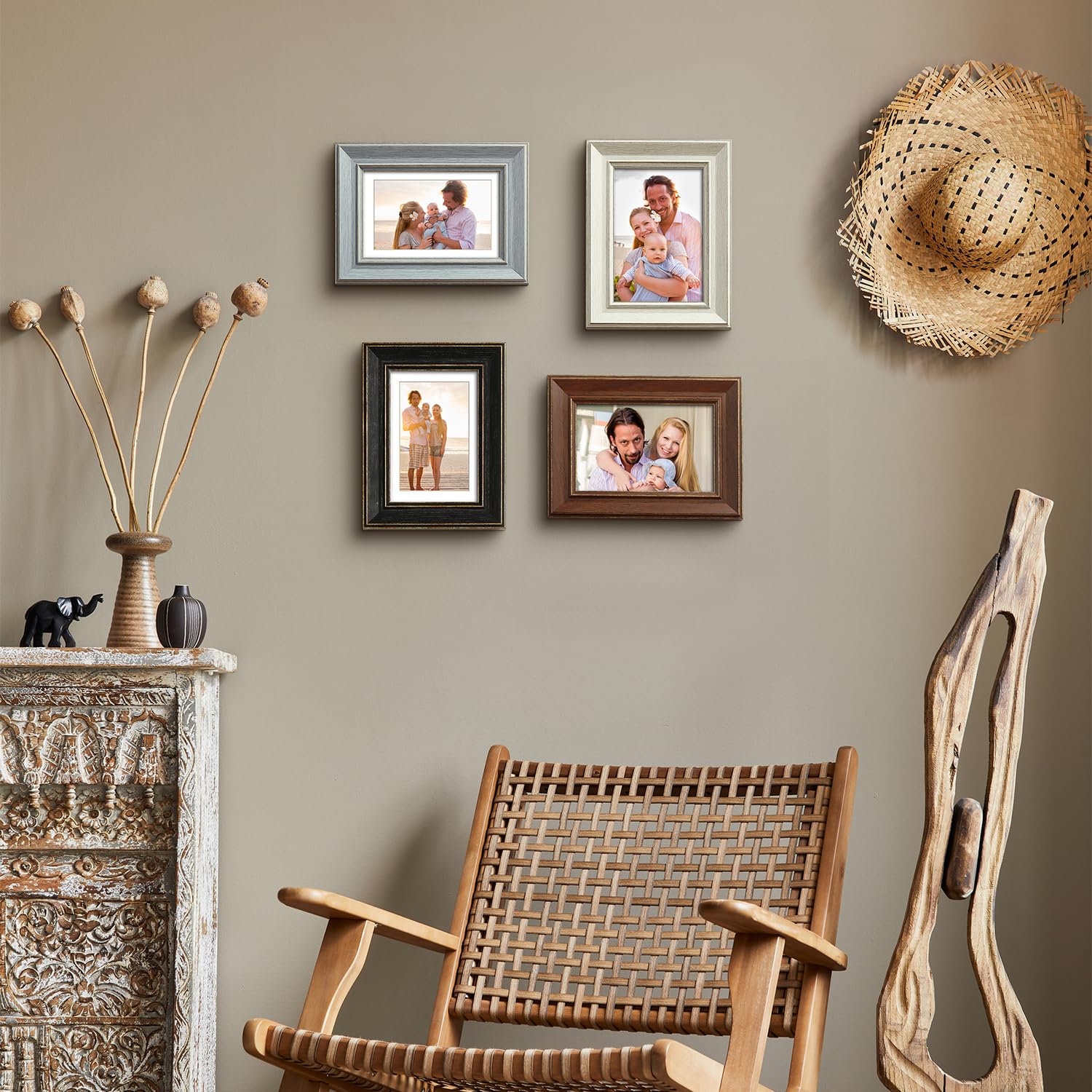 4x6 Picture Frames Set of 4, Rustic Farmhouse Photo Frame with Tempered Glass, Distressed Vintage Frame Bulk 3.5x5 With Mat and 4x6 Without Mat for Wall Mount or Tabletop Display, Home Office Gift