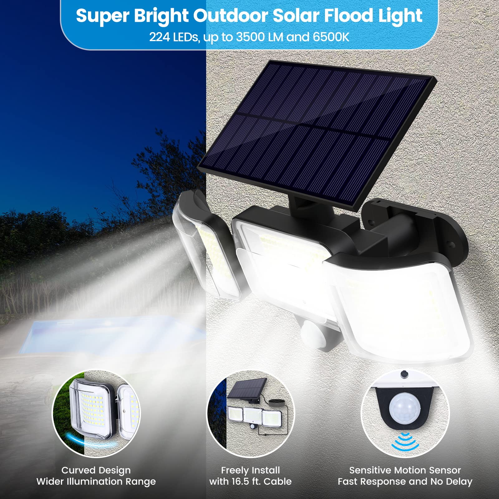 Adiding Solar Lights for Outside, 3500Lm 6500k Solar Flood Lights Outdoor, 224 LED*3 Security Motion Sensor Outdoor Lights for Dusk to Dawn Led Outdoor Lighting