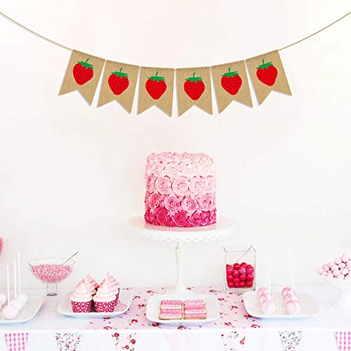 Rainlemon Jute Burlap Strawberry Banner Baby Girl Berry Theme Birthday Party Decoration Supply