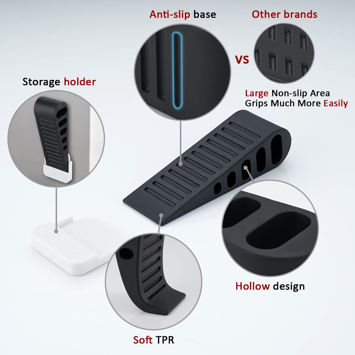 JQK Rubber Door Stopper Wedge, Black 2 Pack Soft TPR Premium Door Stops for Bottom of Heavy Duty Door on Tile, Concrete, Carpet, Wooden Floor, DSB61-BK-P2