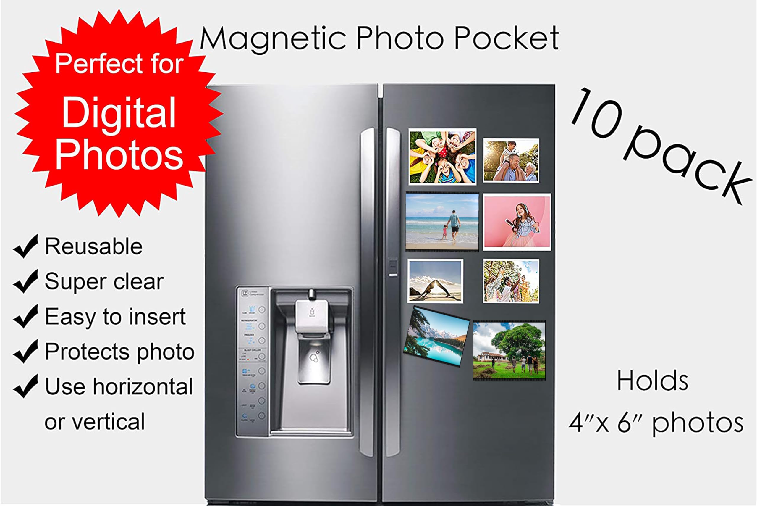 Mositear 10 Pack 4"x6" Premium Super Slim Magnetic Picture Pockets Frames with Black Holds 4 x 6 inches Photo for Refrigerator | NEW VERSION | EASE of INSERTING