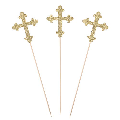 Gold Glitter Cross Centerpiece Sticks for Baptism Christening Party Decorations - Set of 10