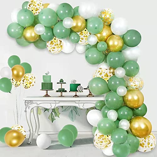 Olive Green Balloon Garland Arch Kit, White Gold Confetti Balloons Green Balloon and Gold Metallic Chrome Latex Balloons Set for Wedding Birthday Party Baby Shower Party Background Decoration