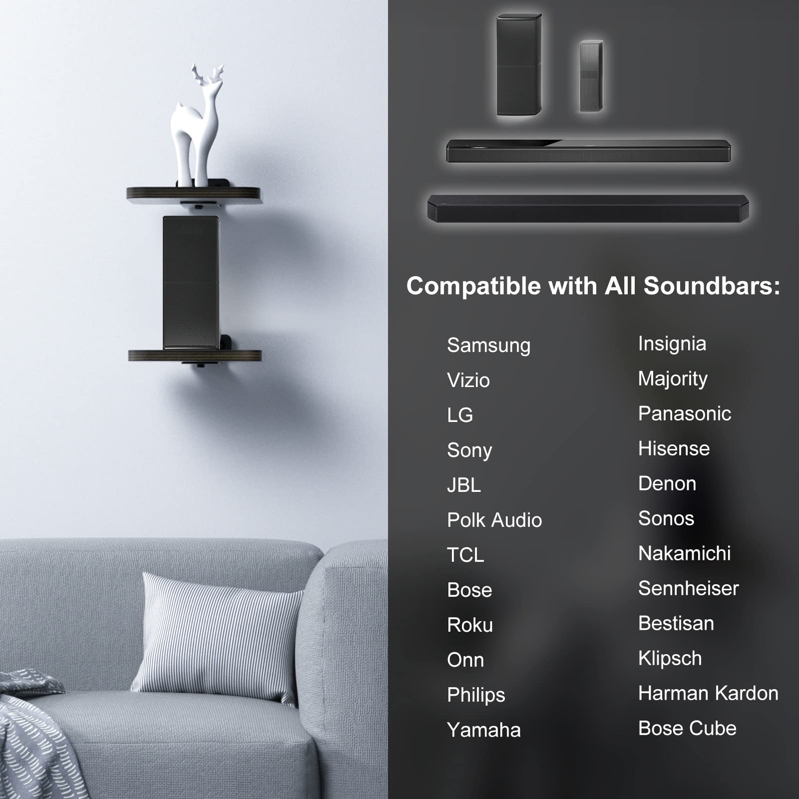 Universal Soundbar Wall Mount for Samsung, Bose, Polk Audio, Sonos Arc, JBL, Sony, Vizio, LG, TCL, Roku, Onn, Philips, Yamaha Soundbar Wall Mount Bracket Floating Shelves, with Hardware Kit