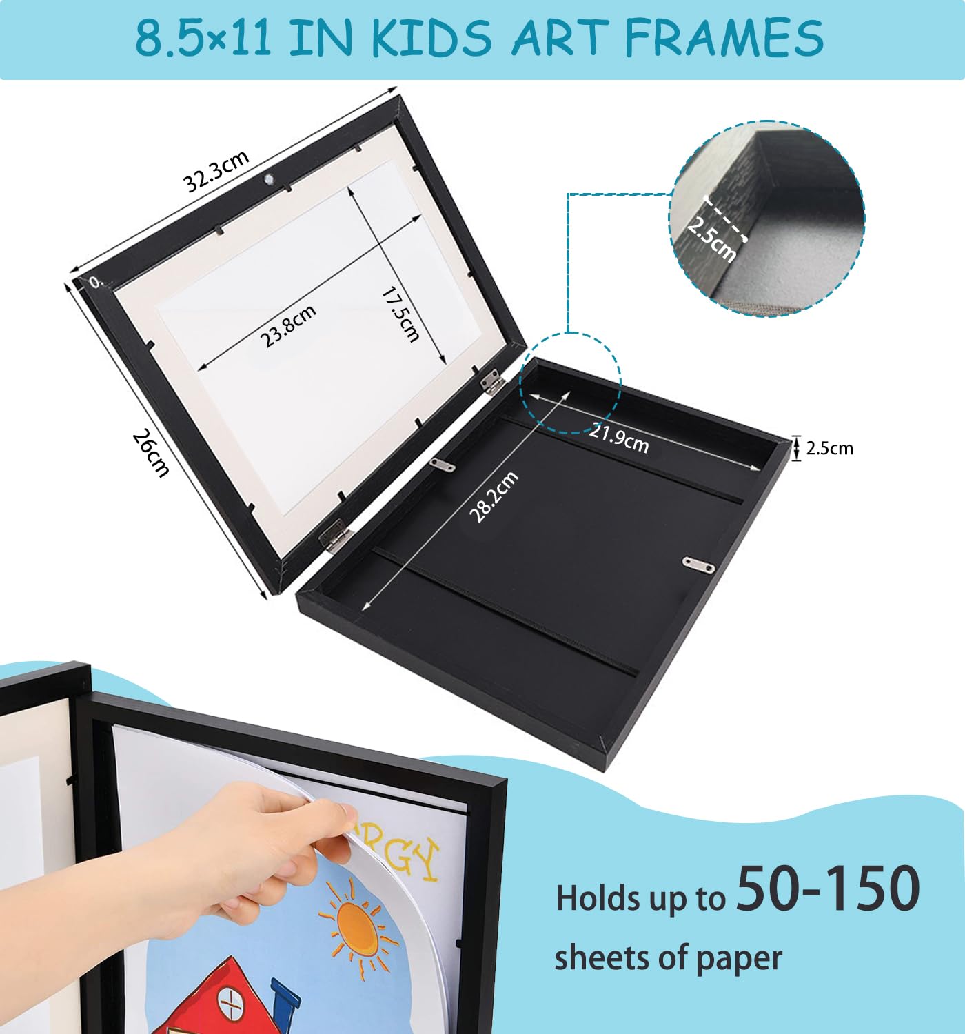 Eeyaniy Kids Artwork Frames Changeable 2-Pack, Front Opening Holds 150 Pcs, kids Art Frames With Mat, Picture Frame 8.5×11in for Display Kids Art Work,Drawing,Photos,Crafts,Hanging Art,Portfolio