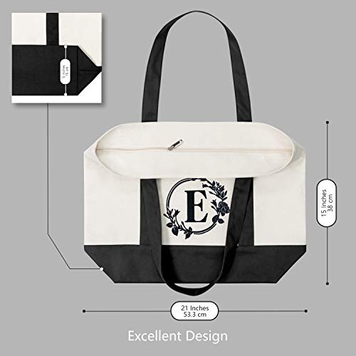 TOPDesign Embroidery Initial Canvas Tote Bag, Personalized Present Bag, Suitable for Wedding, Birthday, Beach, Holiday, is a Great Gift for Women, Mom, Teachers, Friends, Bridesmaids (Letter E)