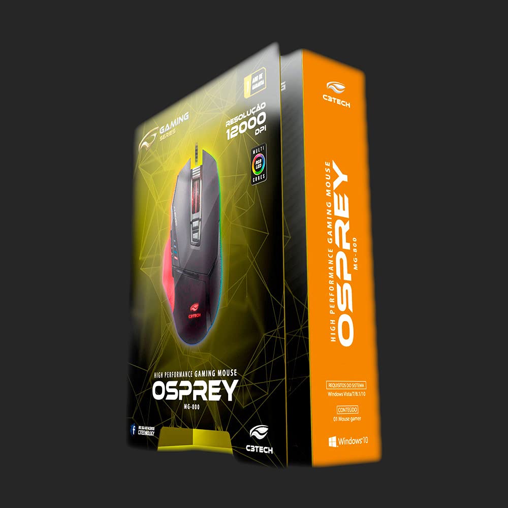 Mouse Gamer C3Tech USB Osprey RGB Sensor Avago 9800 DPI Regulation Button 8 Buttons 12000 DPI Ergonomic Designer USB Gold Macro by Software Black - MG-800BK
