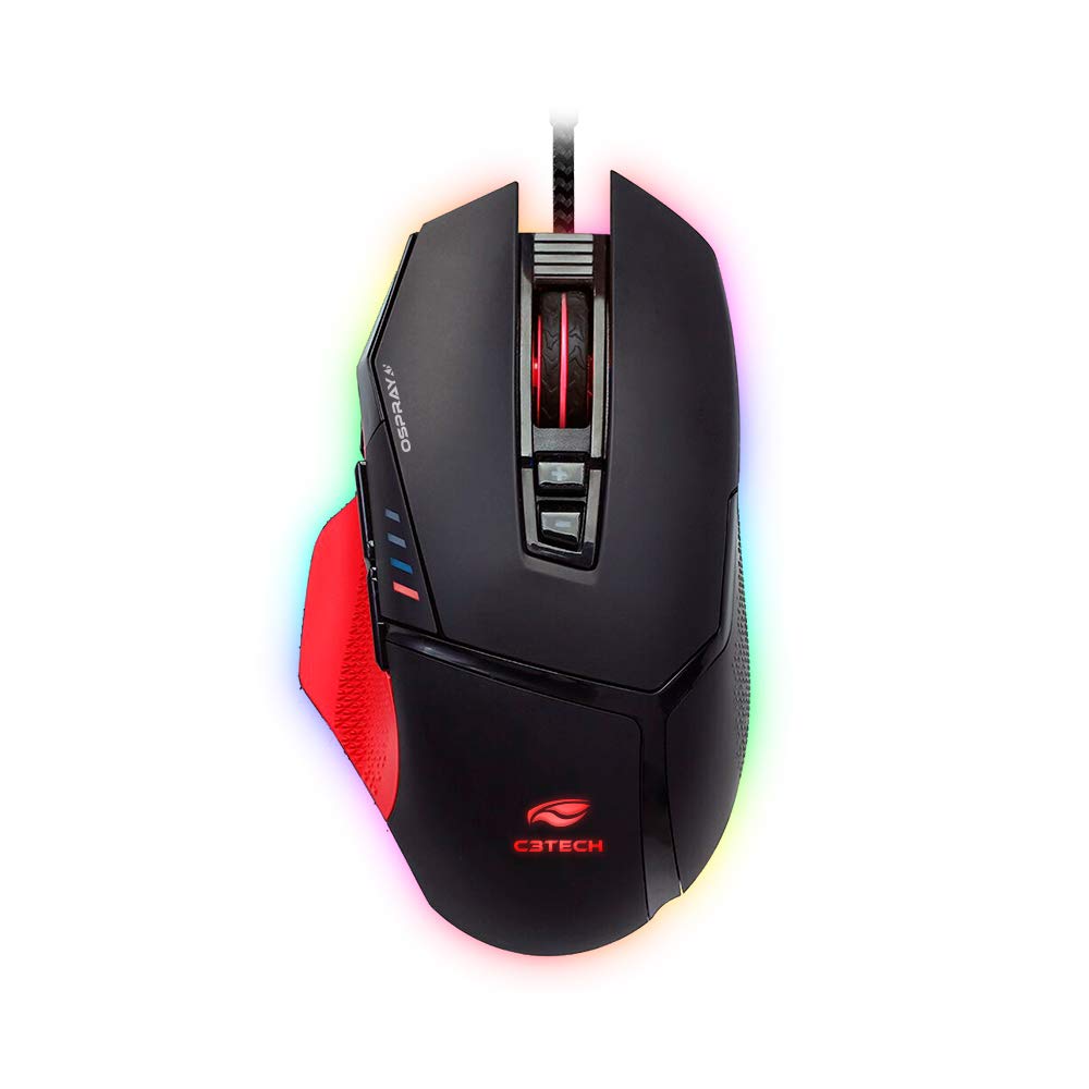 Mouse Gamer C3Tech USB Osprey RGB Sensor Avago 9800 DPI Regulation Button 8 Buttons 12000 DPI Ergonomic Designer USB Gold Macro by Software Black - MG-800BK