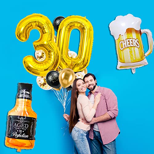 30th Birthday Decorations for Him, Black and Gold 30th Birthday Decorations with Happy Birthday Banner,Fringe Curtain,Confetti and Latex Balloons