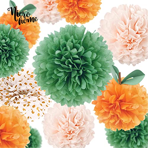 NICROHOME Little Cutie Baby Shower Decorations, 12 PCS Light Orange Green Tissue Paper Pom Poms for Party Decorations, Birthday, Spring Summer Party, Fruit Themed Parties