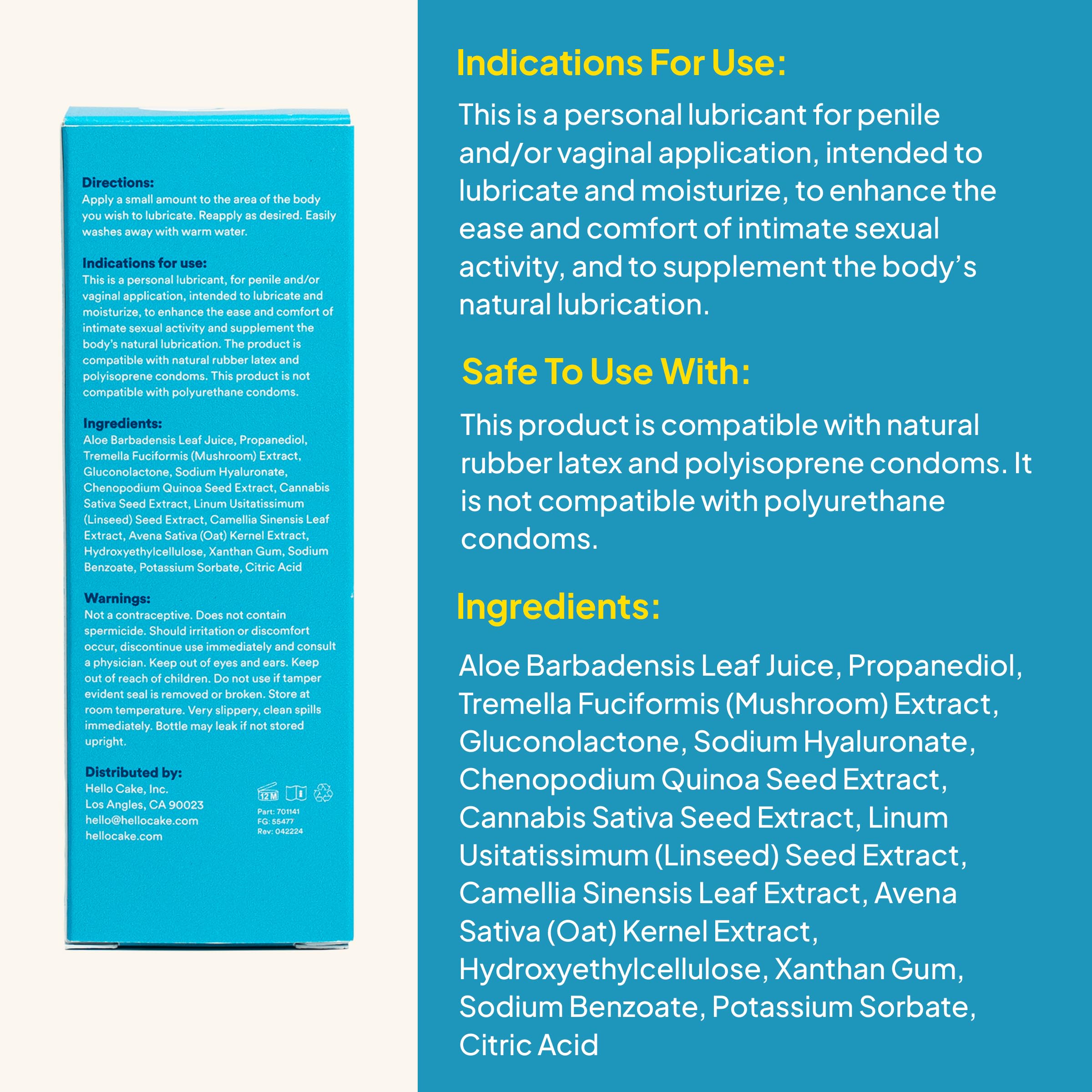 Hello Cake Natural Lube - Aloe-Based Organic Personal Lubricant - Hydrating, Hypoallergenic, pH-Balanced, Non-Sticky, Condom Compatible, for Men, Women, & Couples, 3.3 fl oz