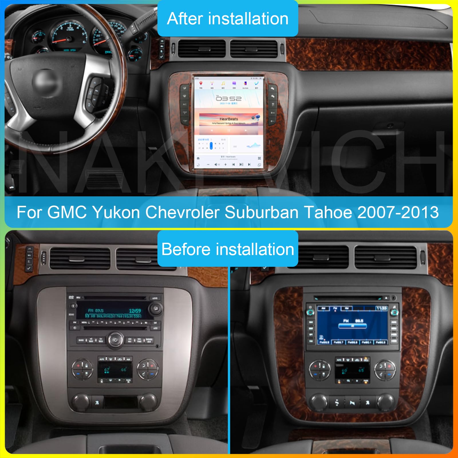 NAKEVICH Qualcomm Android 11 Car Radio for GMC Yukon Tahoe Suburban Chevrolet Silverado 2007-2013 Stereo Upgrade Tesla Style Dash IPS Touch Screen Android Auto GPS Navigation Multimedia Play
