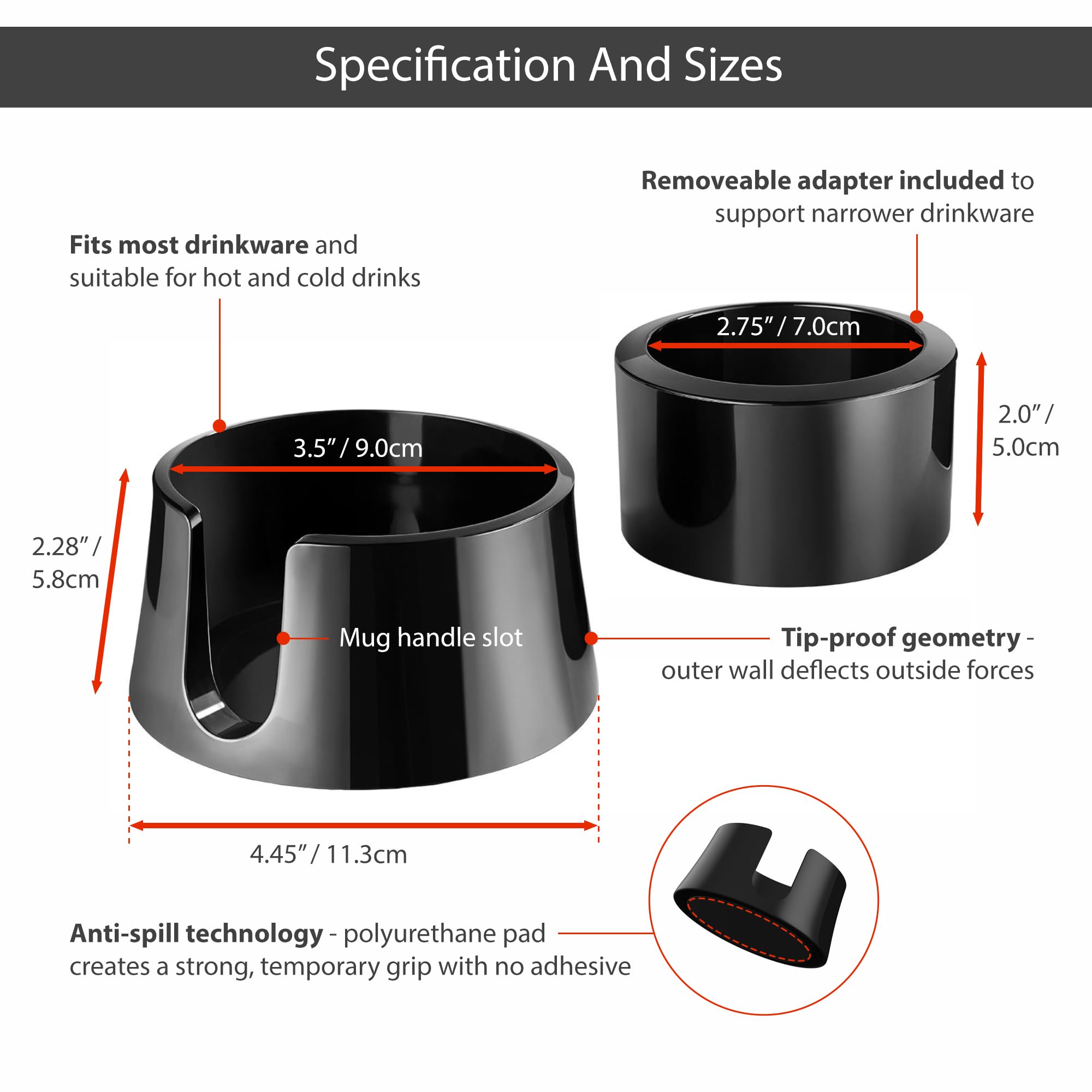 HIT PRODUCTS TableCoaster - Original Anti-Spill Table and Desk Cup Holder, Jet Black - RV and Boat Drink Holder, A Tip-Proof Coaster with Tacky Base and Walled Profile to Prevent Spilled Drinks