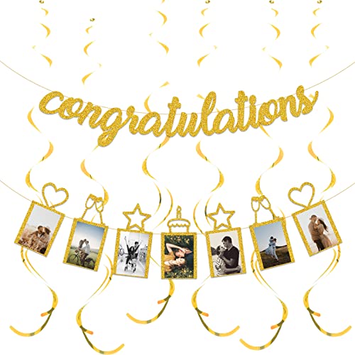 Concico Congratulations Banner and Hanging Swirls for Graduation,Congratulations,Engagement Party Decorations(Gold Glitter)