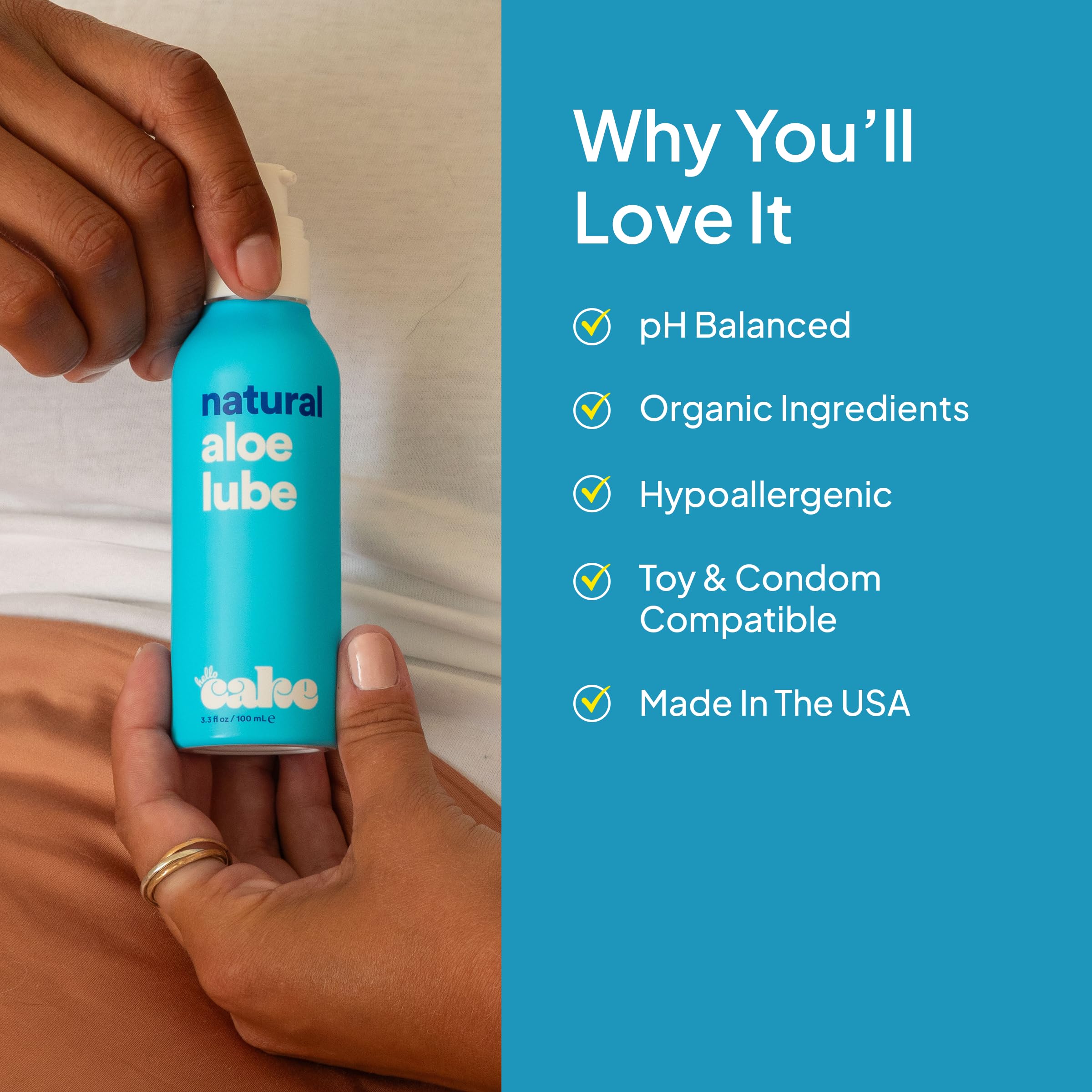 Hello Cake Natural Lube - Aloe-Based Organic Personal Lubricant - Hydrating, Hypoallergenic, pH-Balanced, Non-Sticky, Condom Compatible, for Men, Women, & Couples, 3.3 fl oz