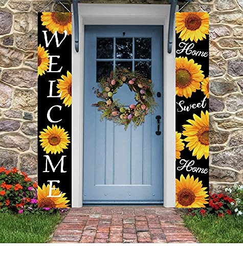 KYMY Sunflower Summer Banners,Welcome Summer Porch Sign,Sunflower Hanging Banners,Sunflower Welcome Porch Banners for Hawaii Party,Front Door Sign Decoration,Summer Party Supplies for Indoor Outdoor