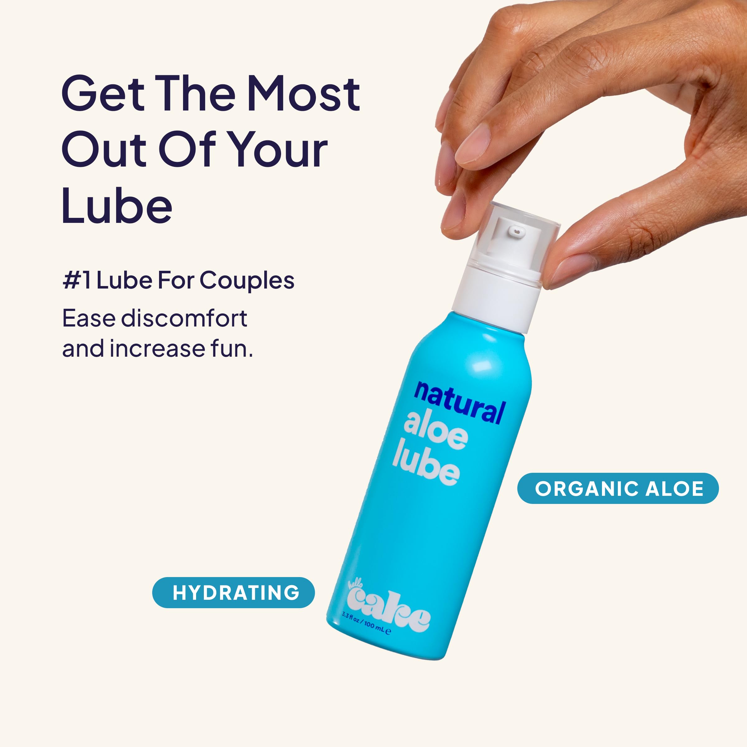 Hello Cake Natural Lube - Aloe-Based Organic Personal Lubricant - Hydrating, Hypoallergenic, pH-Balanced, Non-Sticky, Condom Compatible, for Men, Women, & Couples, 3.3 fl oz
