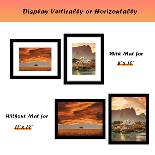DUENPY 11x14 Picture Frame 8 Pack, Photo Frame for Wall Gallery Decor, Display Pictures 8 x 10 with Mat or 11 x 14 Without Mat, Black.