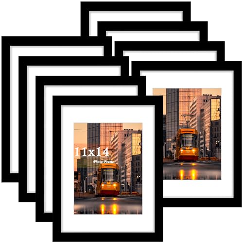 DUENPY 11x14 Picture Frame 8 Pack, Photo Frame for Wall Gallery Decor, Display Pictures 8 x 10 with Mat or 11 x 14 Without Mat, Black.