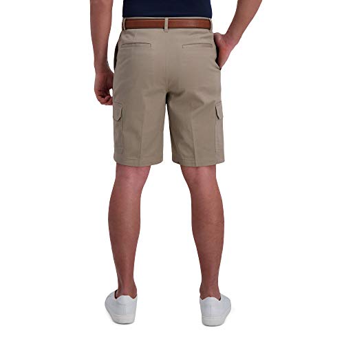 Haggar Men's Flat Front Solid Stretch Cargo Short, Khaki, 36