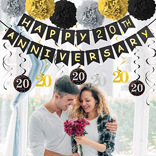 Yoaokiy 20th Anniversary Decorations Supplies Kit - Including Glitter Happy 20th Anniversary Banner, 9Pcs Hanging Swirl, 6Pcs Poms - 20th Wedding Anniversary Party Decorations Photo Propsā¦