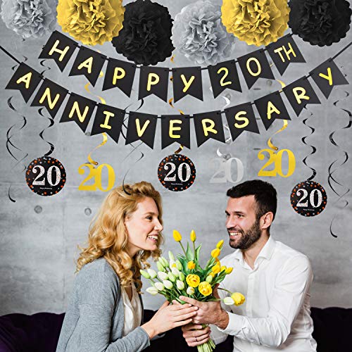 Yoaokiy 20th Anniversary Decorations Supplies Kit - Including Glitter Happy 20th Anniversary Banner, 9Pcs Hanging Swirl, 6Pcs Poms - 20th Wedding Anniversary Party Decorations Photo Propsā¦