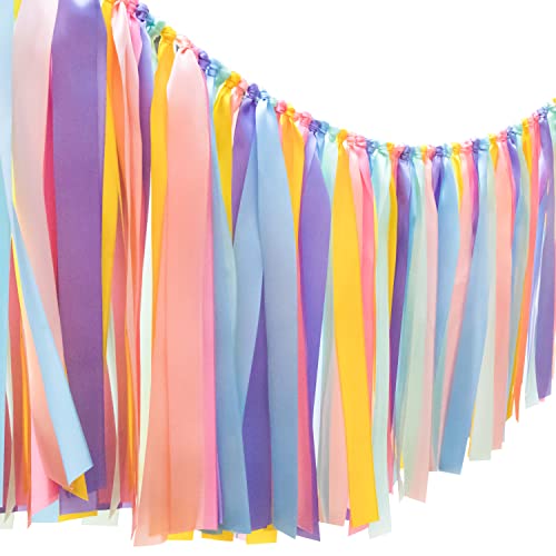 Rainbow Ribbon Tassel Garland Colorful Fabric Banner Hanging Decoration Backdrop for Baby Shower, Highchair, Birthday Macron Banner Backdrop Decor 40 Inches(L) X 14 Inches(W)
