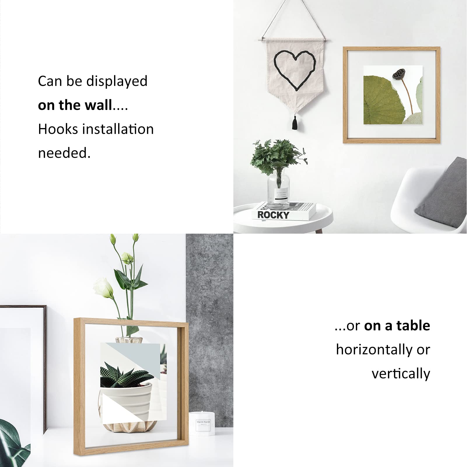 MUYE 10x10 Floating Frame Set of 2,Double Glass Square Photo Frame,Display Any Size Photo up to 10x10,Wall Mount or Tabletop Standing,Natural