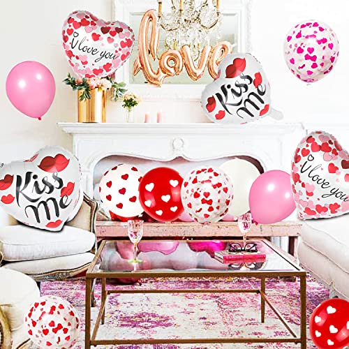 Valentines Day Decorations, 64Pcs Pink White Heart Print Balloons Heart Confetti Balloons Foil Balloons for Valentines Day Proposal Engagement Wedding Party Decorations